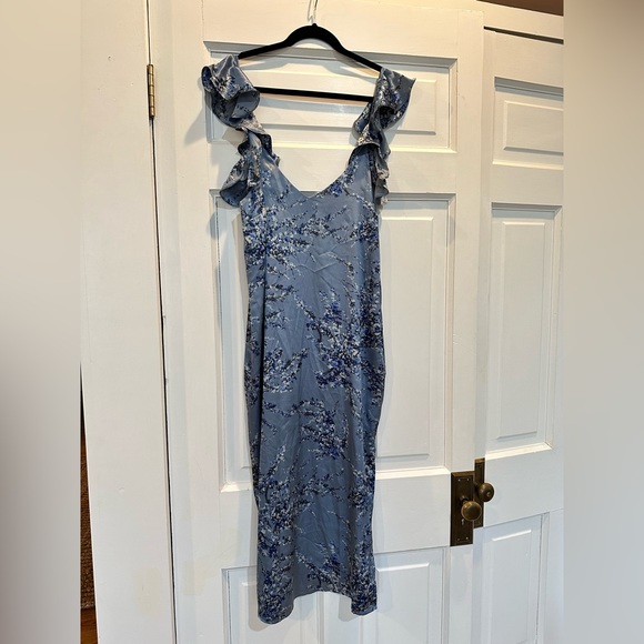 Wayf | Dresses | Wayf Floral Cold Shoulder Ruffle Maxi Dress Blue Satin ...